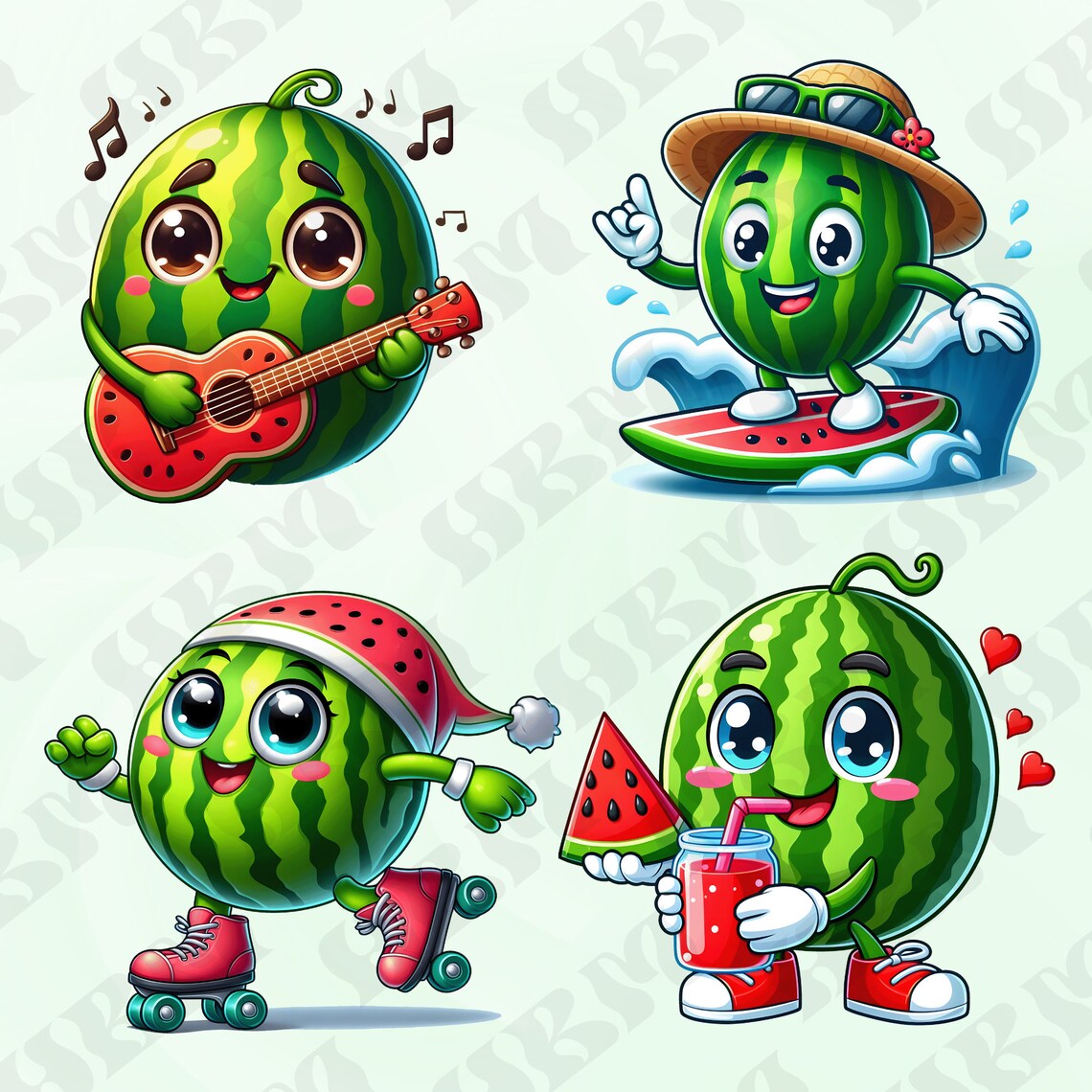 Cute Cartoon Watermelon Clipart Bundle, Tropical Fruit Sticker ...