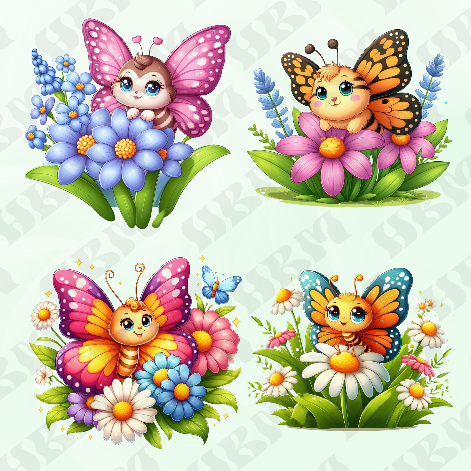 24 Cute Cartoon Spring Butterfly Clipart Bundle, Daisies Nursery Decor ...