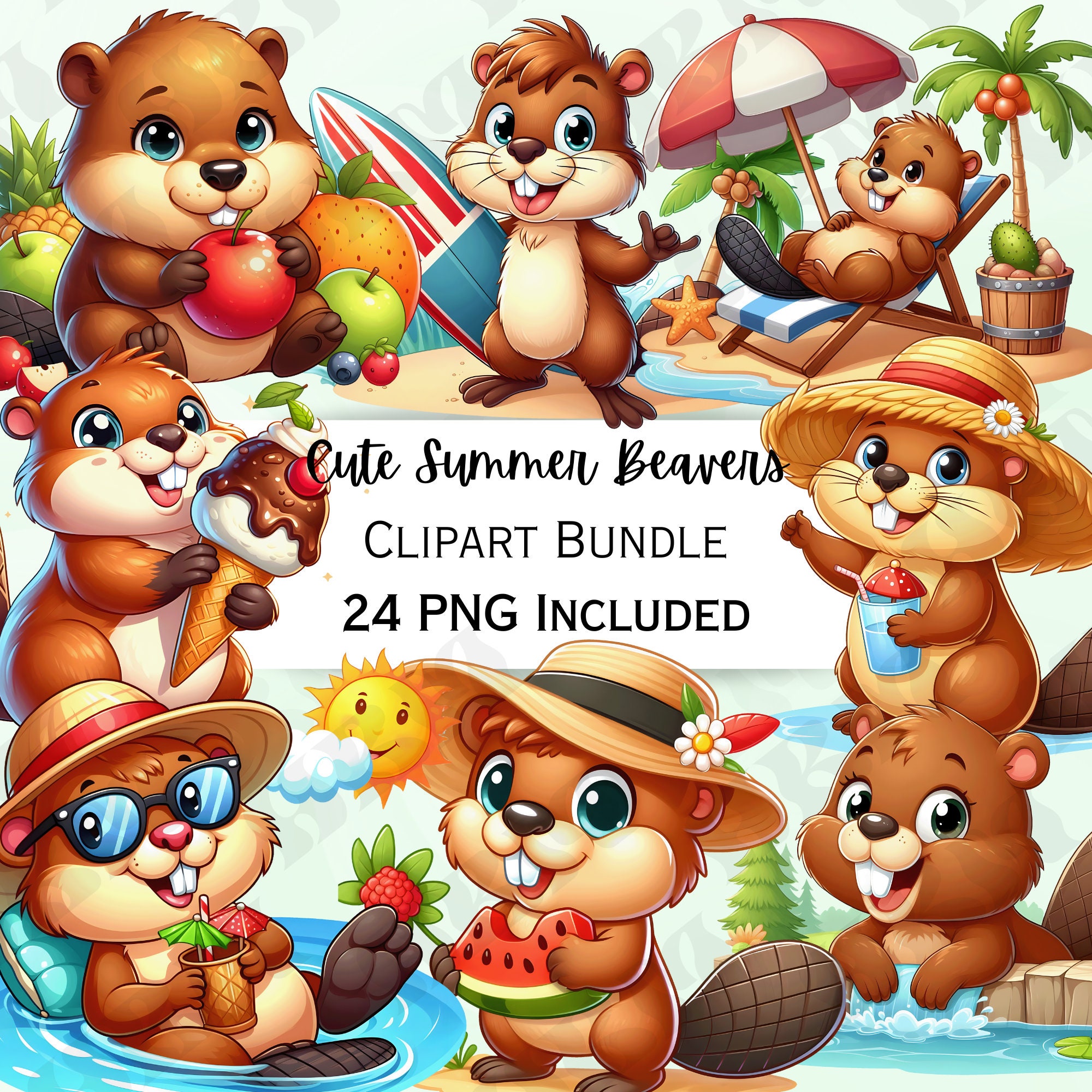 Cute Cartoon Summer Beaver Clipart Bundle, Surf Nursery Decor, Beach ...
