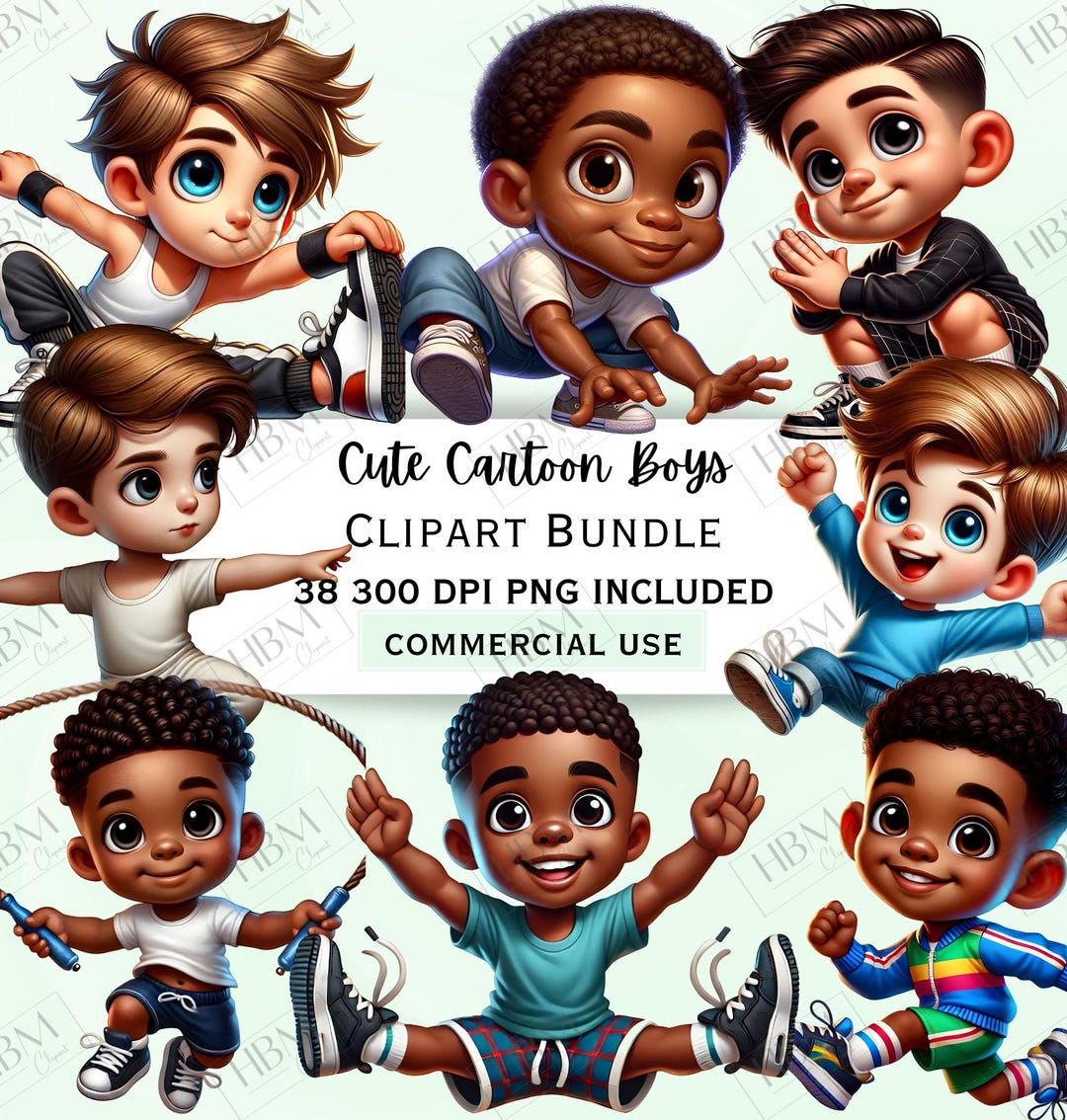 Cute Cartoon Boys Clipart Bundle, Sporty Children Sticker, Adorable ...