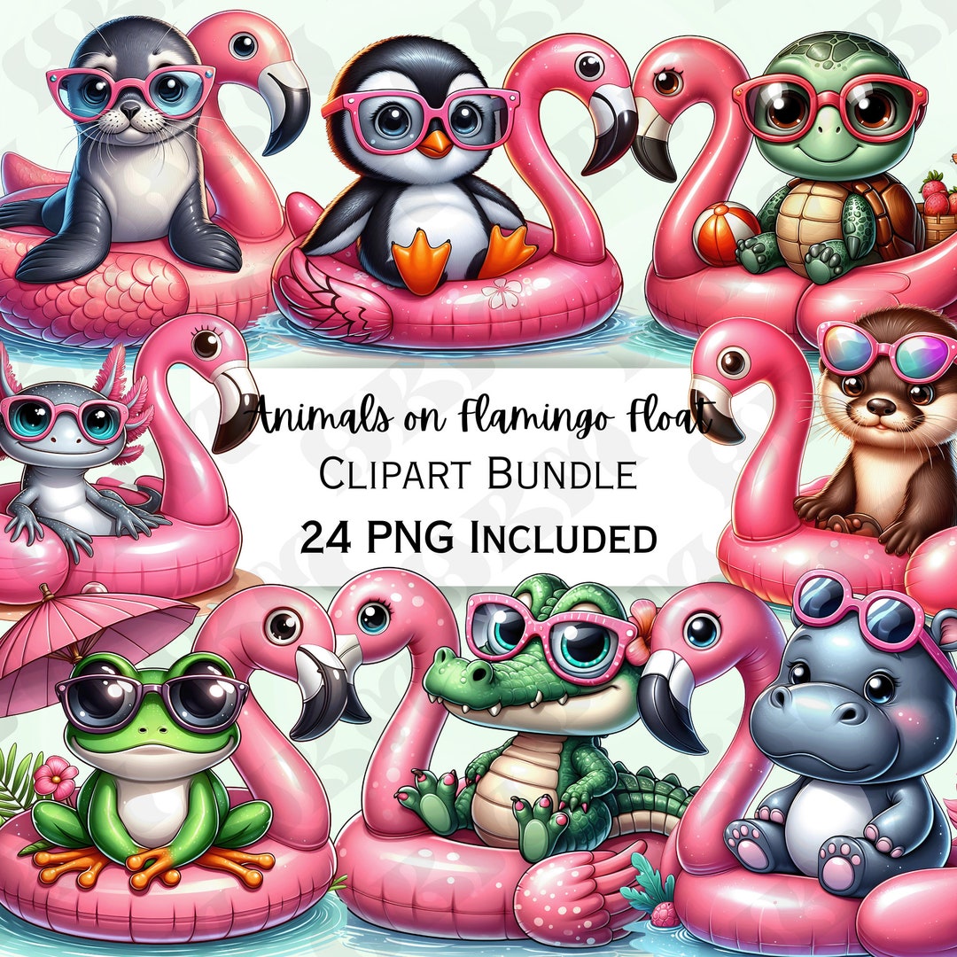 Cute Animals on Flamingo Floats Clipart Bundle, Summer Nursery Decor ...