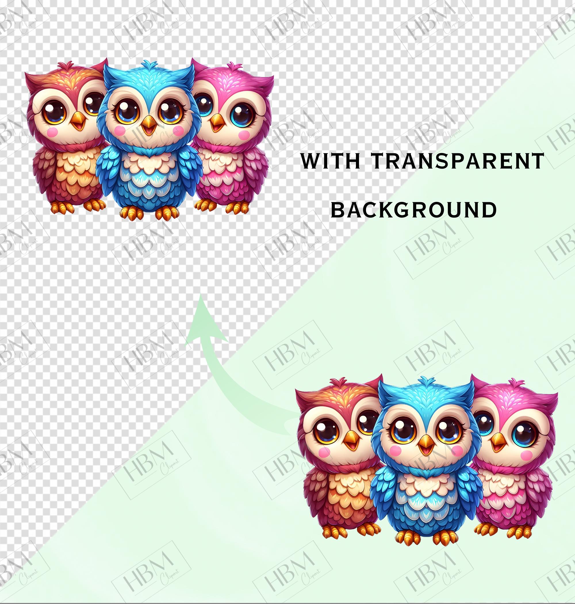 Cute Cartoon Colored Owls Clipart Bundle, Whimsical Character Stickers ...