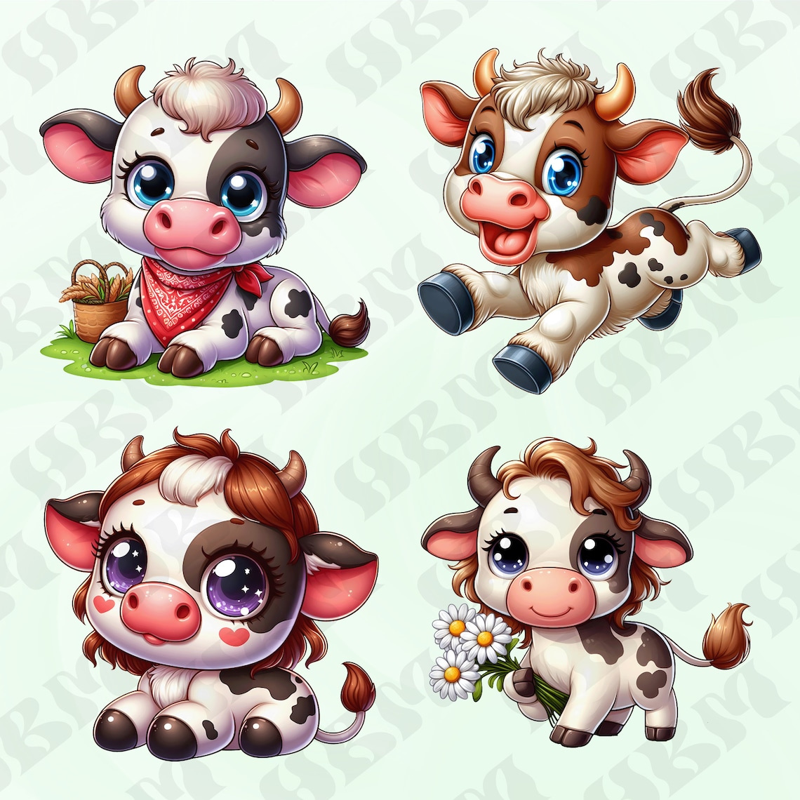 24 Cute Cartoon Cows Clipart Bundle, Bull Stickers, Adorable Wall Art ...