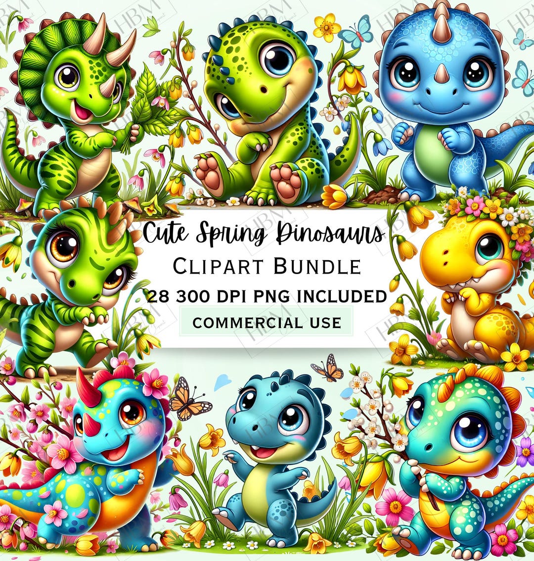 Cute Spring Dinosaurs Clipart Bundle, Cartoon Jurassic Sticker ...