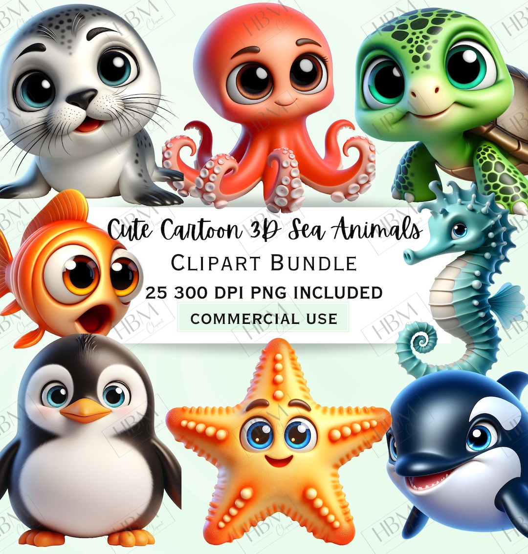 Cute Cartoon 3D Sea Animals Clipart Bundle, Quirky Ocean Creatures ...