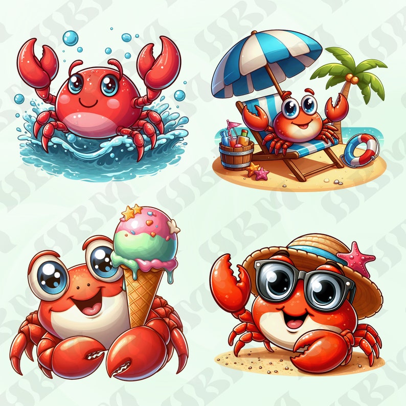 Cute Cartoon Summer Crabs Clipart Bundle, Surf Nursery Decor, Beach ...