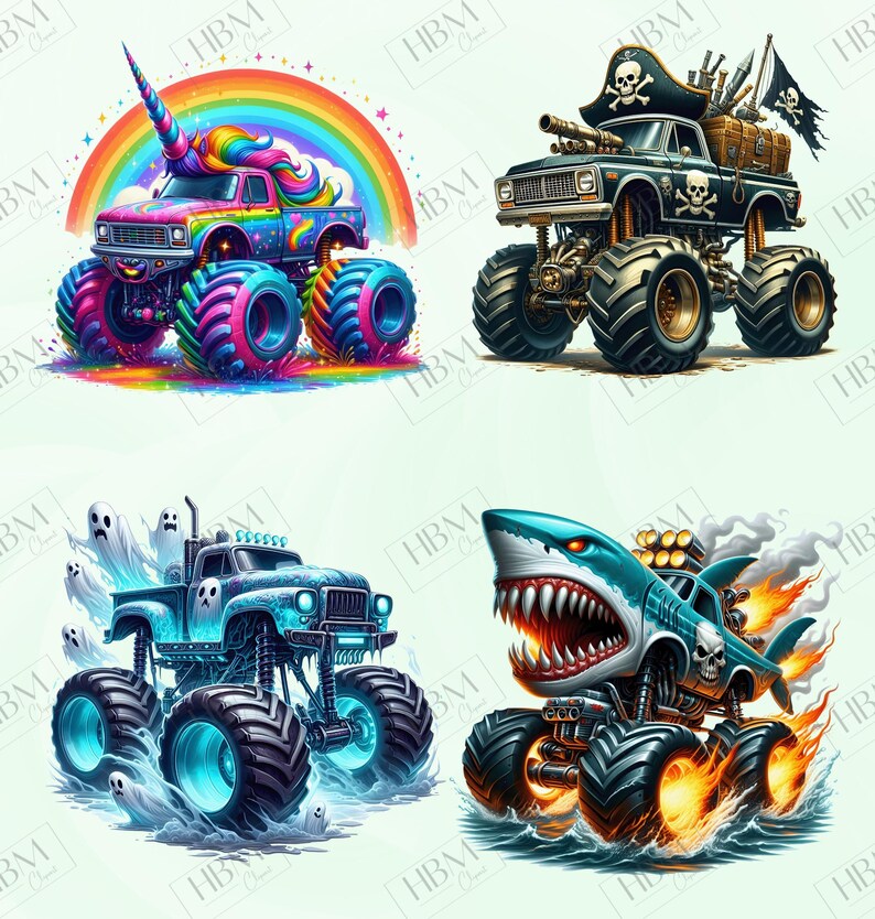 Cartoon Monster Trucks Clipart Bundle, Whimsical Offroad Vehicle ...
