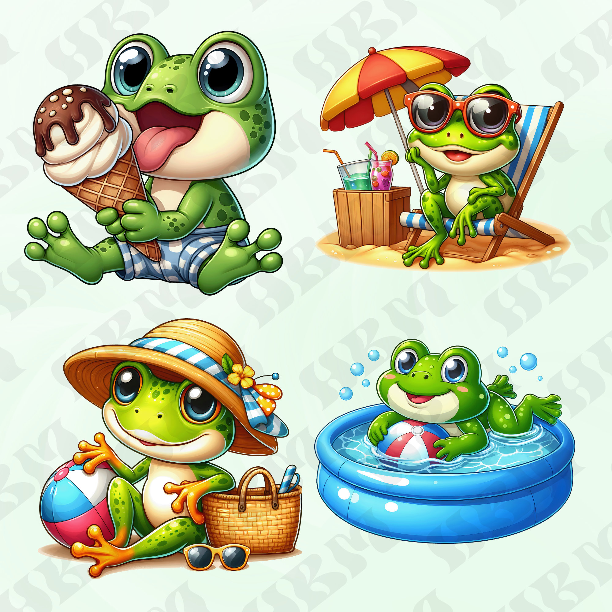 24 Cute Cartoon Summer Frog Clipart Bundle, Surf Nursery Decor, Beach ...
