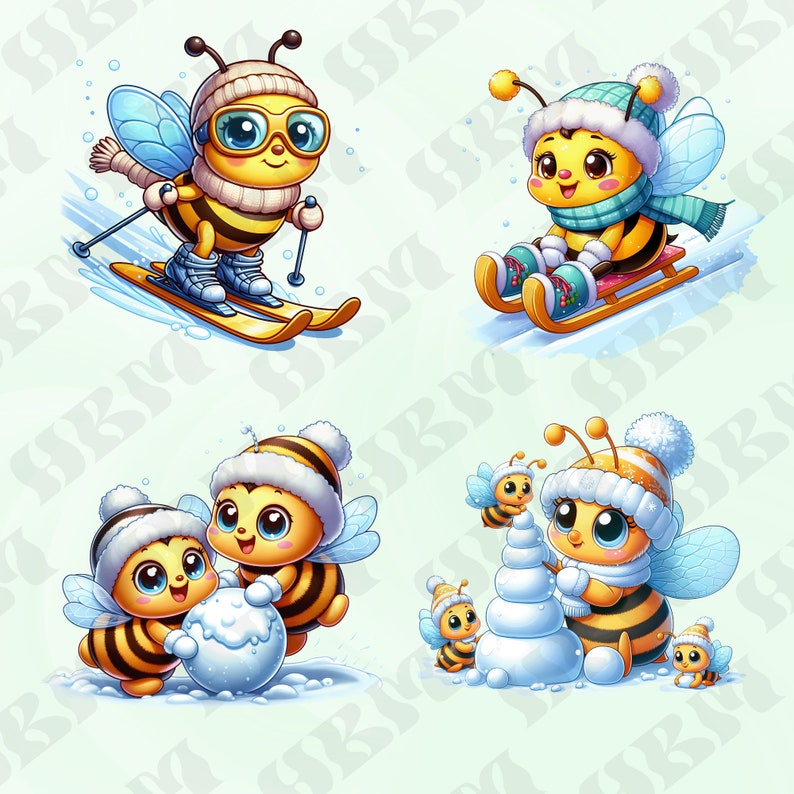 Cute Cartoon Winter Bees Clipart Bundle, Snow Nursery Decor, Cozy Baby ...