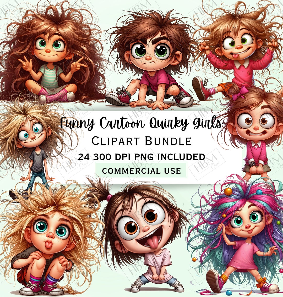 Funny Cartoon Quirky Girls Clipart Bundle, Children Sticker, Silly Kids ...