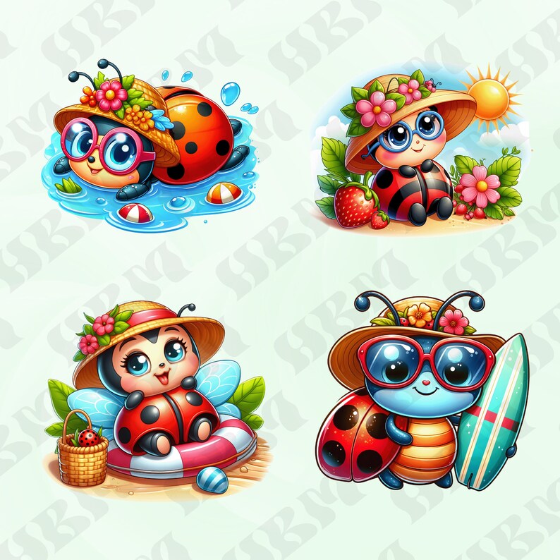 Cute Cartoon Lady Bugs Summer Clipart Bundle, Surf Nursery Decor, Beach ...
