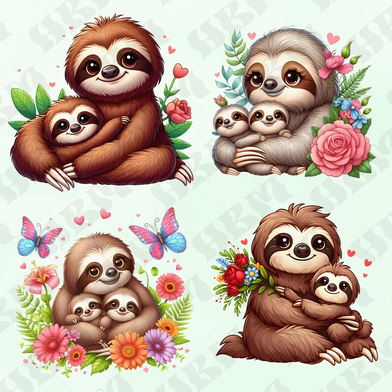 24 Cute Mother's Day Sloths Clipart Bundle, Cartoon Balloon Sticker ...