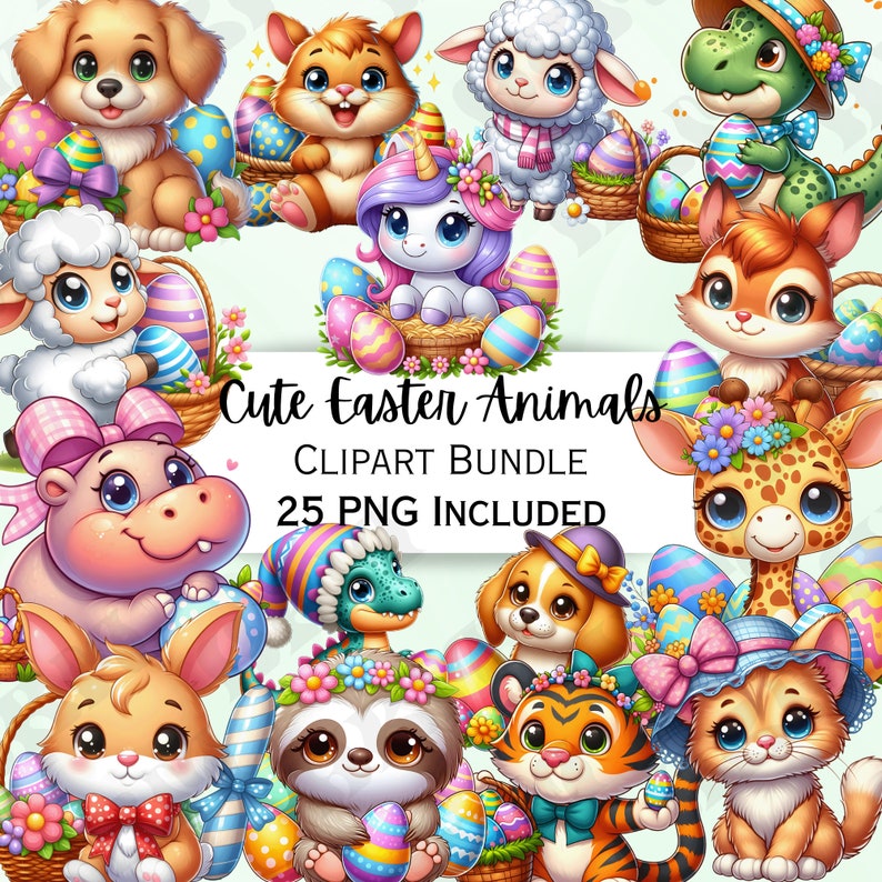 25 Cute Easter Animals Clipart Bundle, Sloth Stickers, Adorable Baby ...