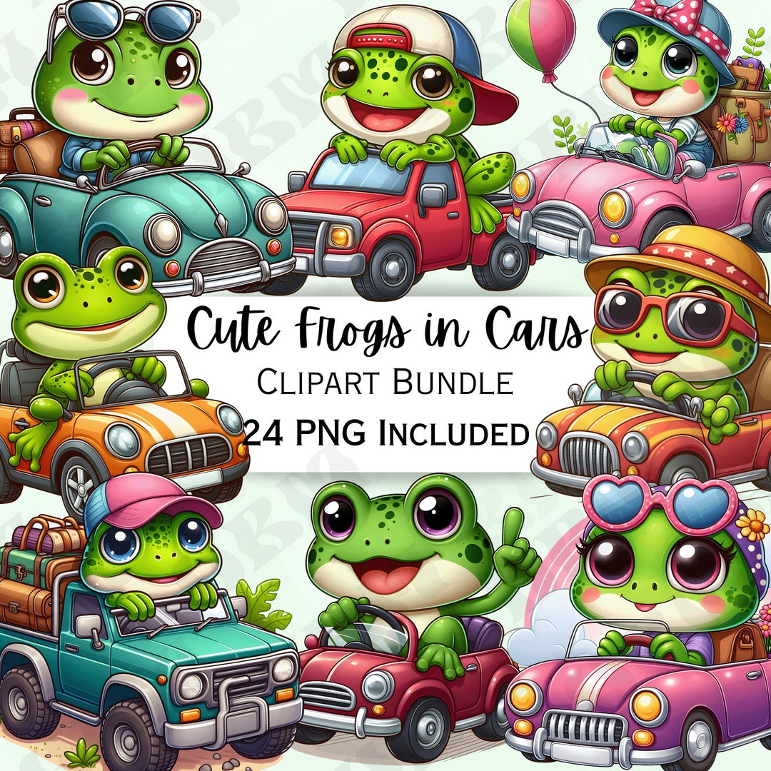 24 Cute Frogs Driving Cars Clipart Bundle, Tadpole Stickers, Adorable ...