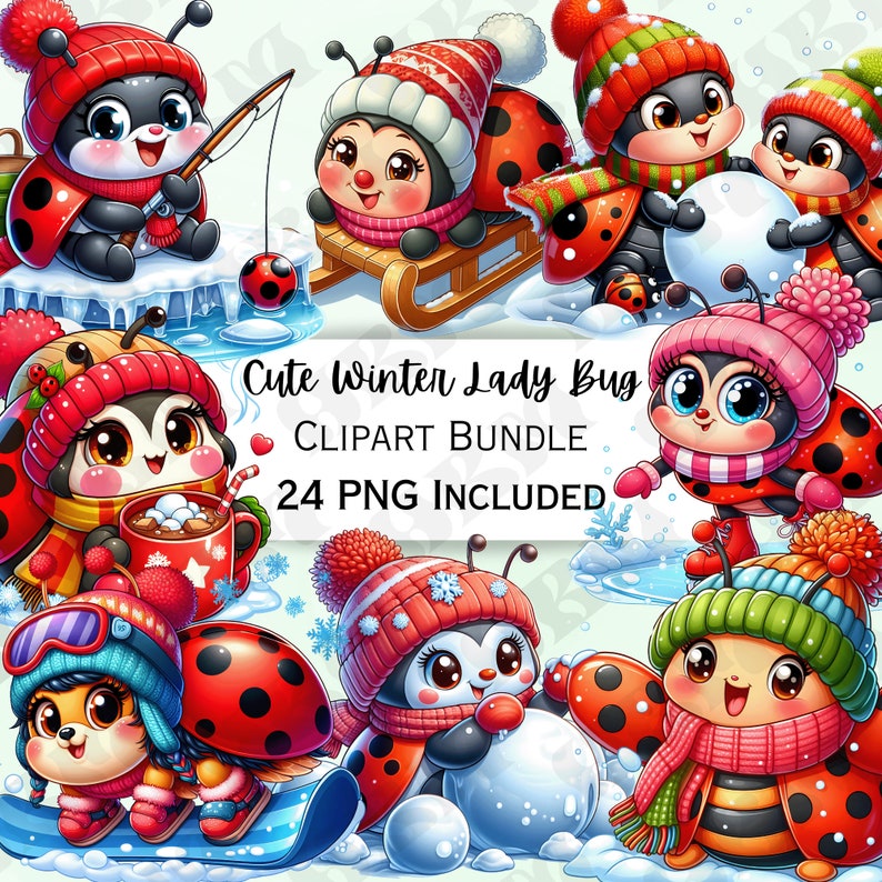 Cute Cartoon Winter Lady Bugs Clipart Bundle, Snow Nursery Decor, Cozy ...