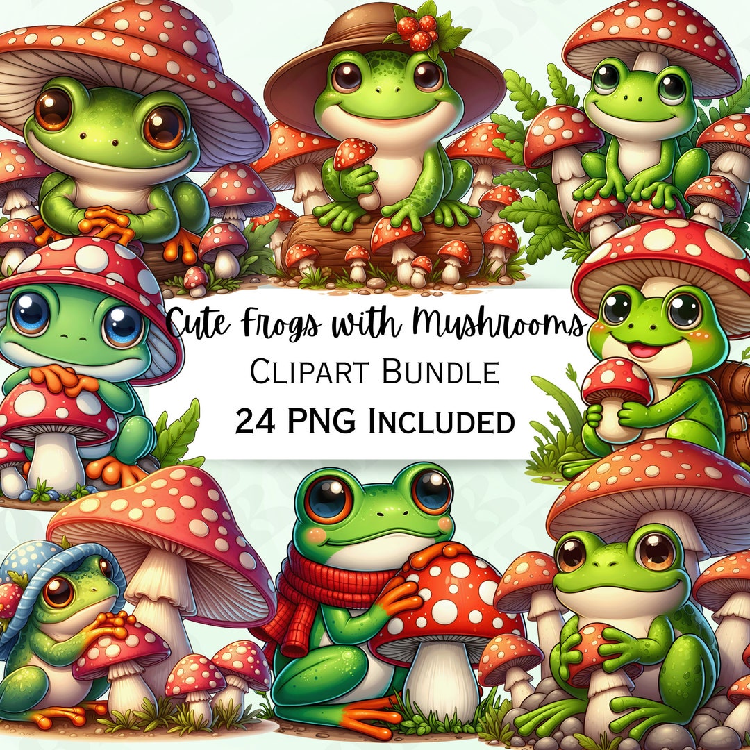 24 Cute Frog With Mushrooms Clipart Bundle, Tadpole Stickers, Adorable ...