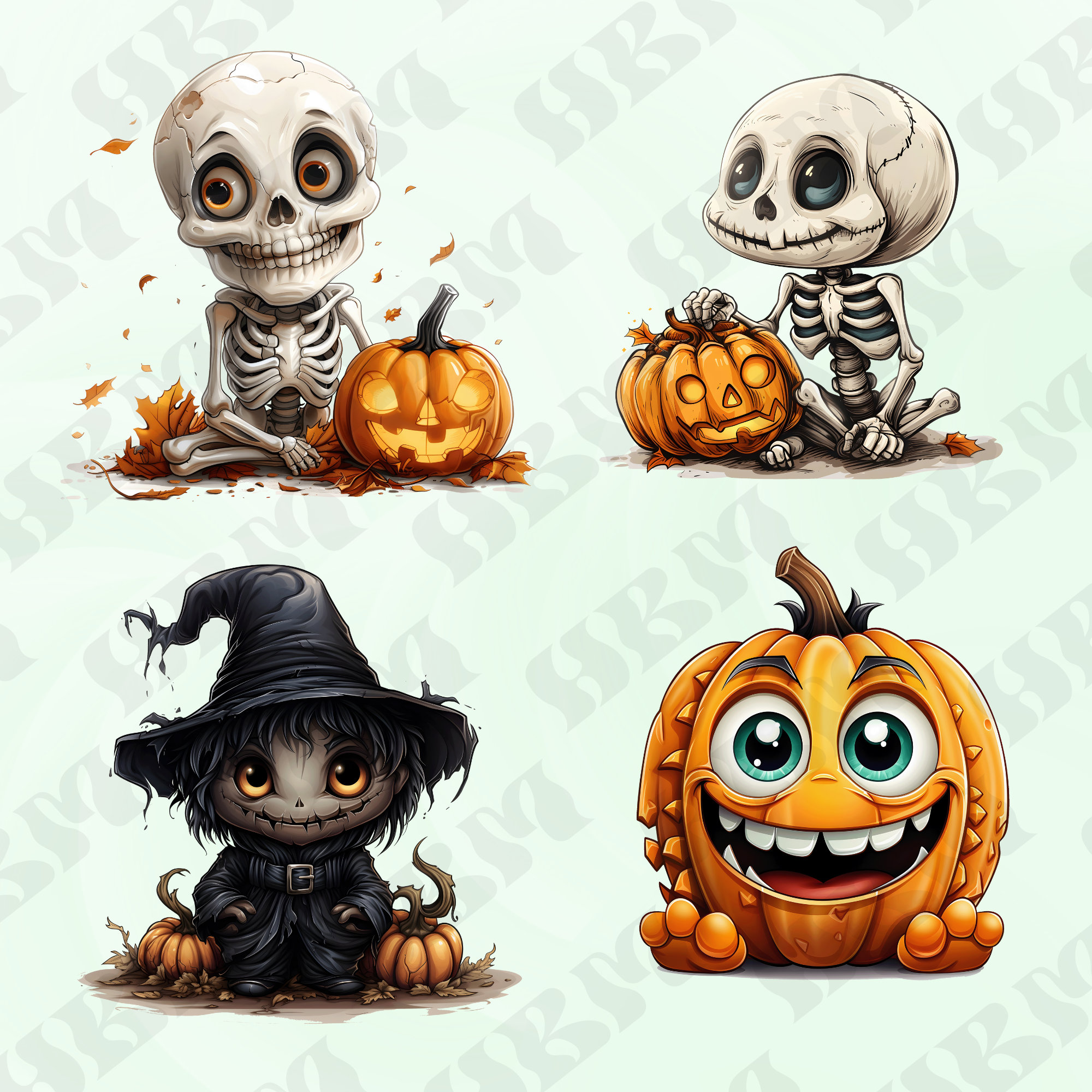 Spooky Cartoon Halloween Clipart Bundle, Pumpkin Stickers, Adorable ...