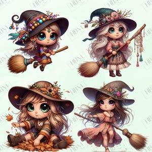 Cute Cartoon Boho Witches Clipart Bundle, Magical Witchy Art, Floral ...