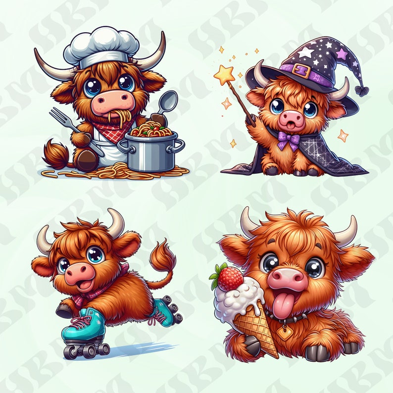 Cute Cartoon Highland Cows Clipart Bundle, Bull Stickers, Adorable Wall ...