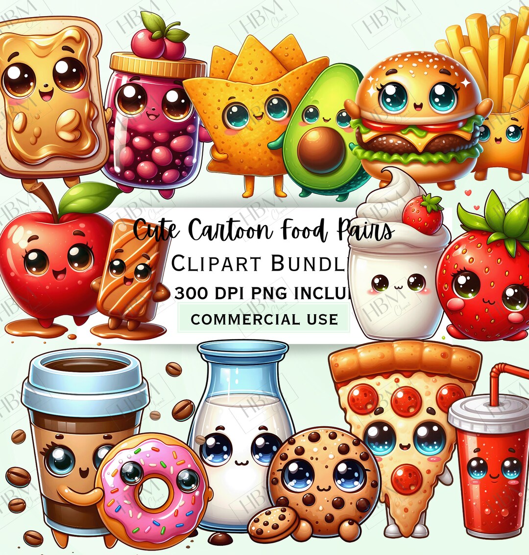 Cute Cartoon Food Pairs Clipart Bundle, Kawaii Fruit Sticker, Adorable ...