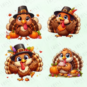 Cute Cartoon Thanksgiving Turkey Clipart Bundle, Fall Printables ...