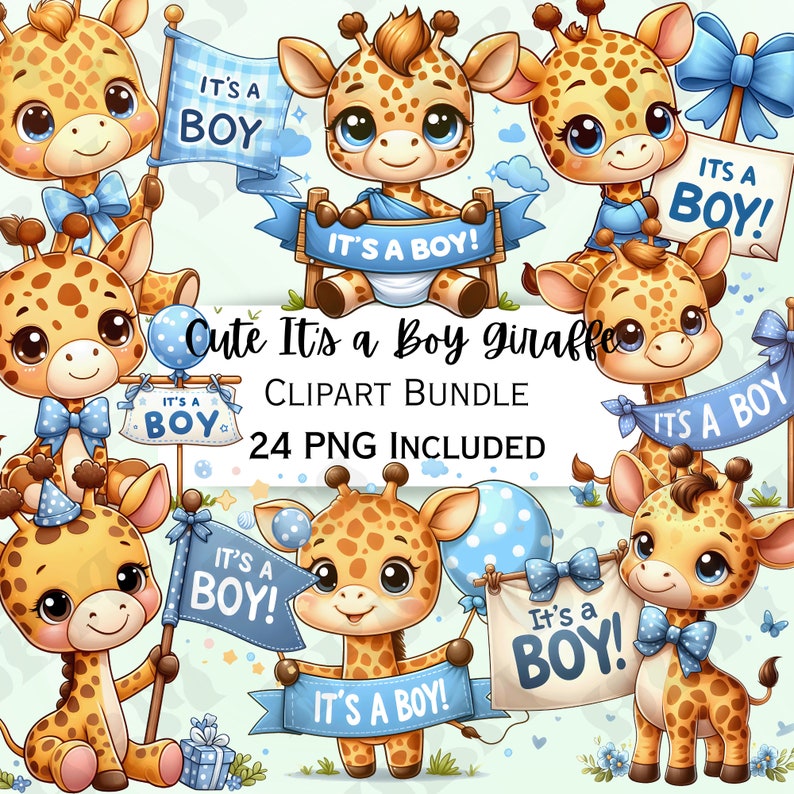 Cute It's a Boy Giraffe Clipart Bundle, Birth Announcement, Blue ...