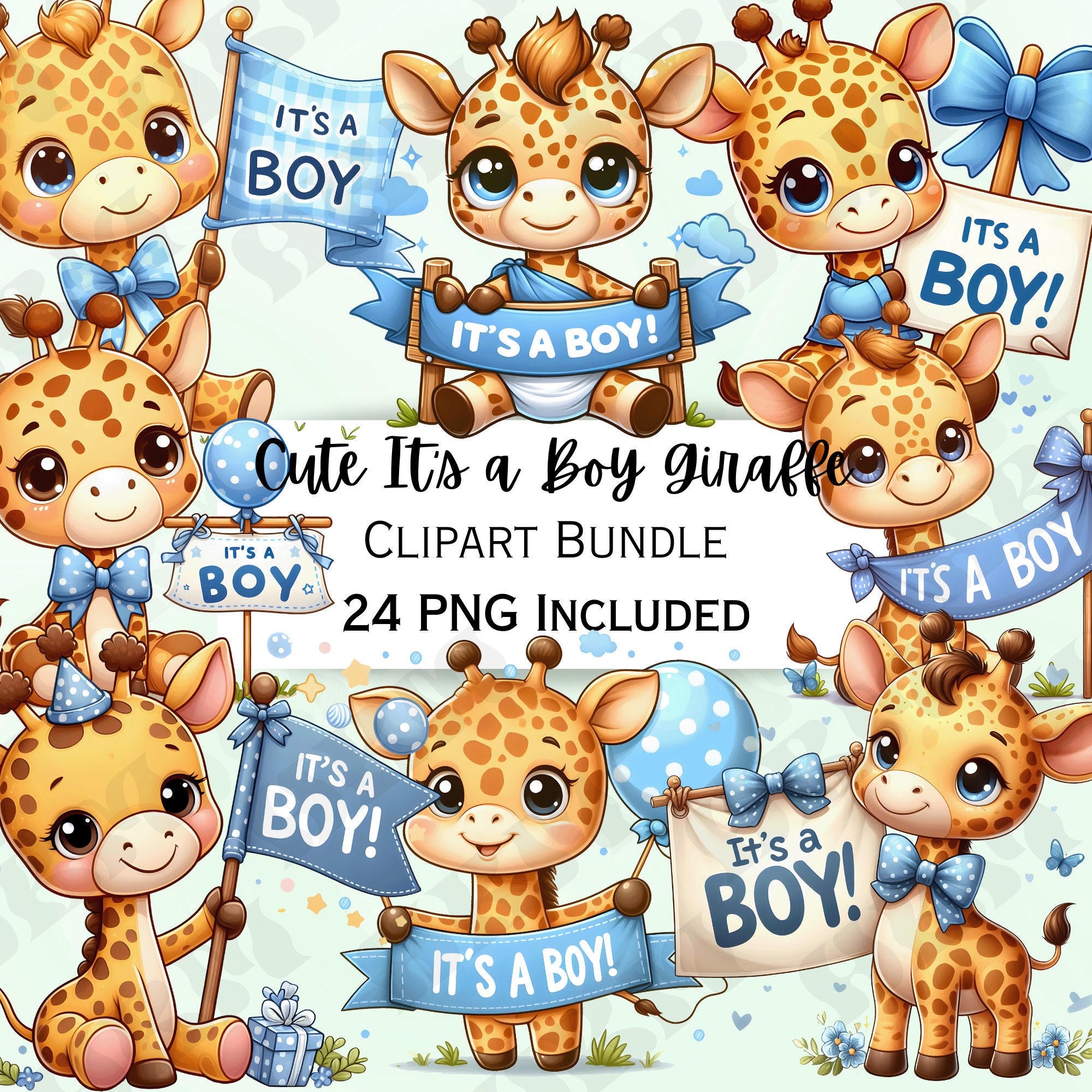 Cute It's a Boy Giraffe Clipart Bundle, Birth Announcement, Blue ...