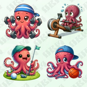 Cute Cartoon Sporty Octopus Clipart Bundle, Fitness Nursery Decor ...