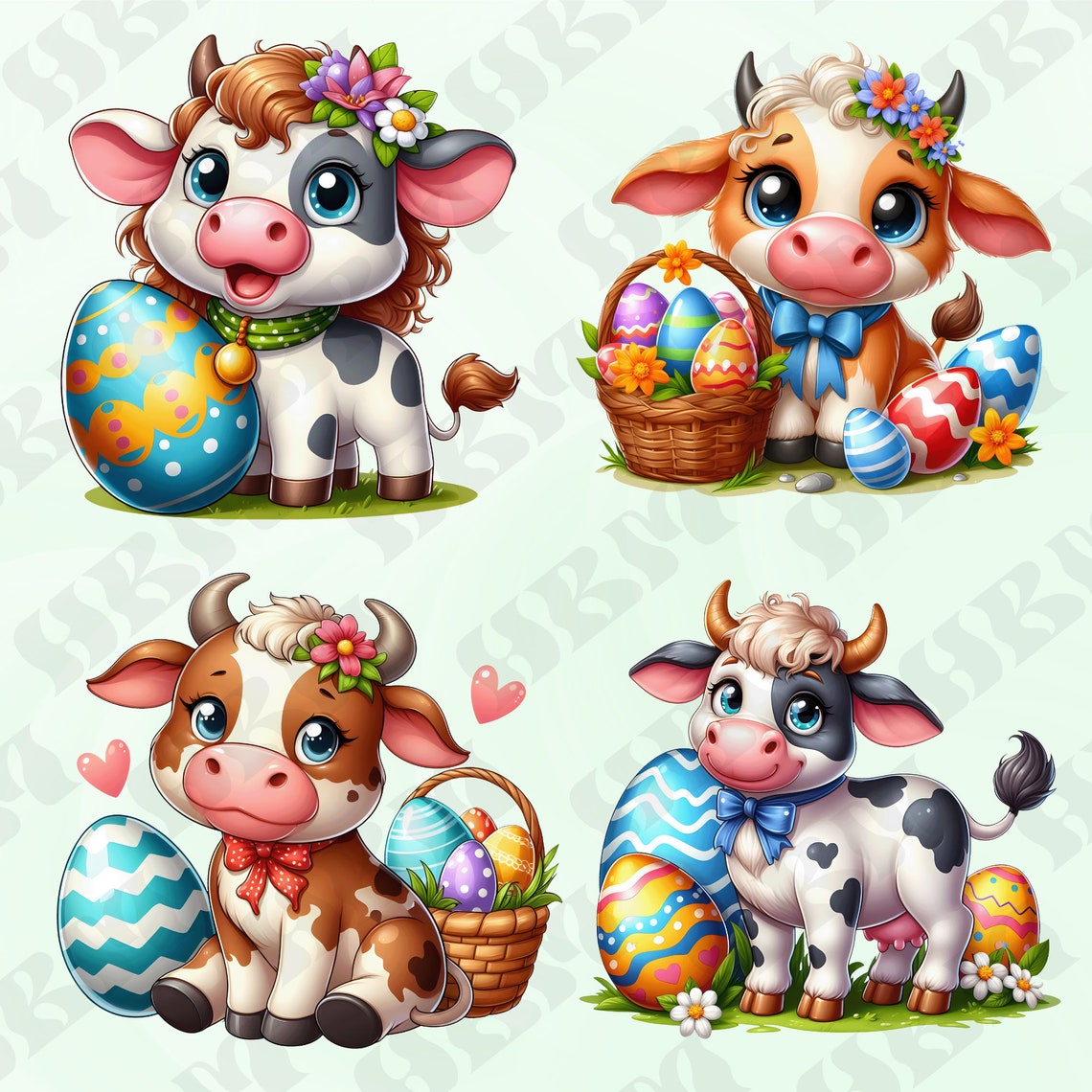 24 Cute Easter Cows Clipart Bundle, Cattle Stickers, Adorable Baby Wall ...