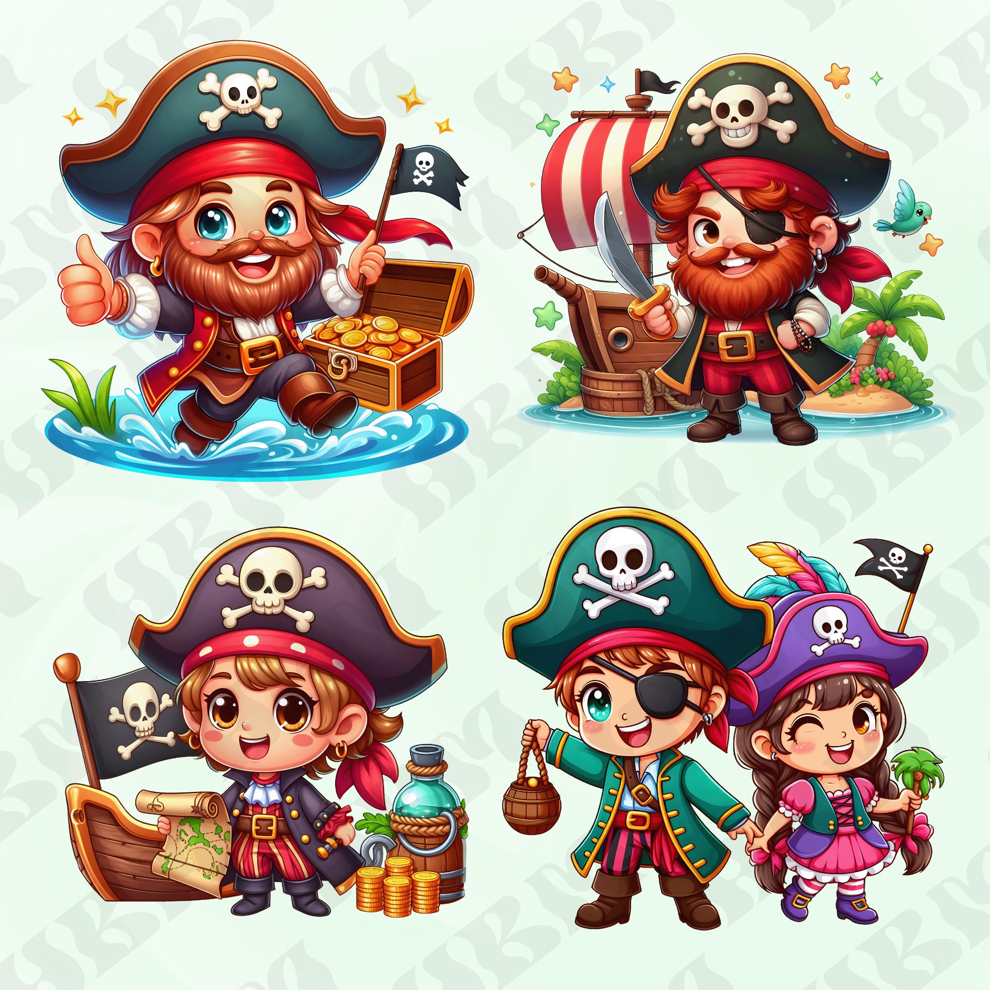 Cute Cartoon Pirate Clipart Bundle, Treasure Chest Sticker, Adorable ...