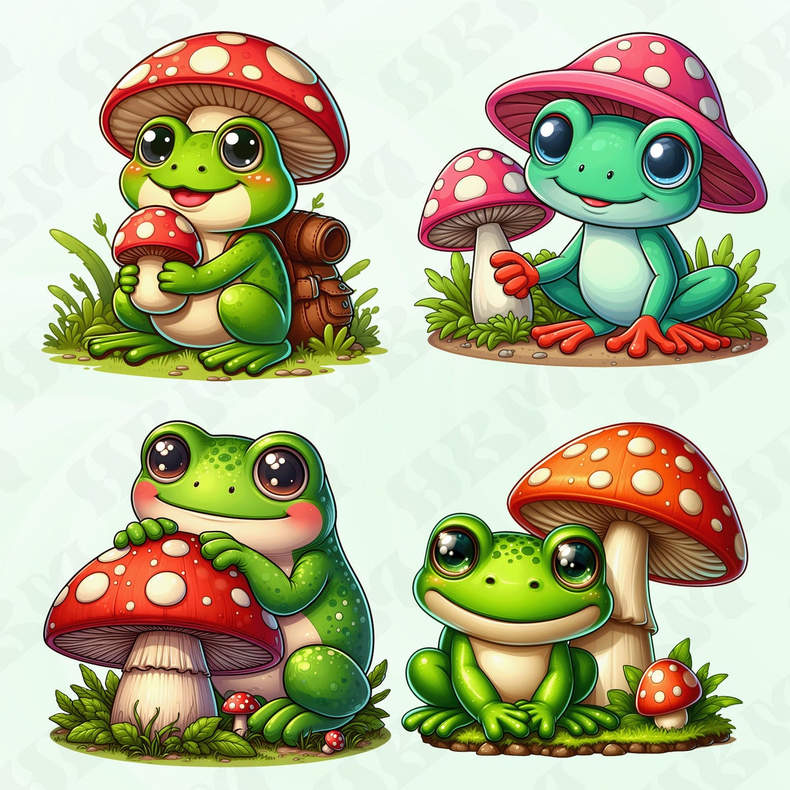 24 Cute Frog With Mushrooms Clipart Bundle, Tadpole Stickers, Adorable ...