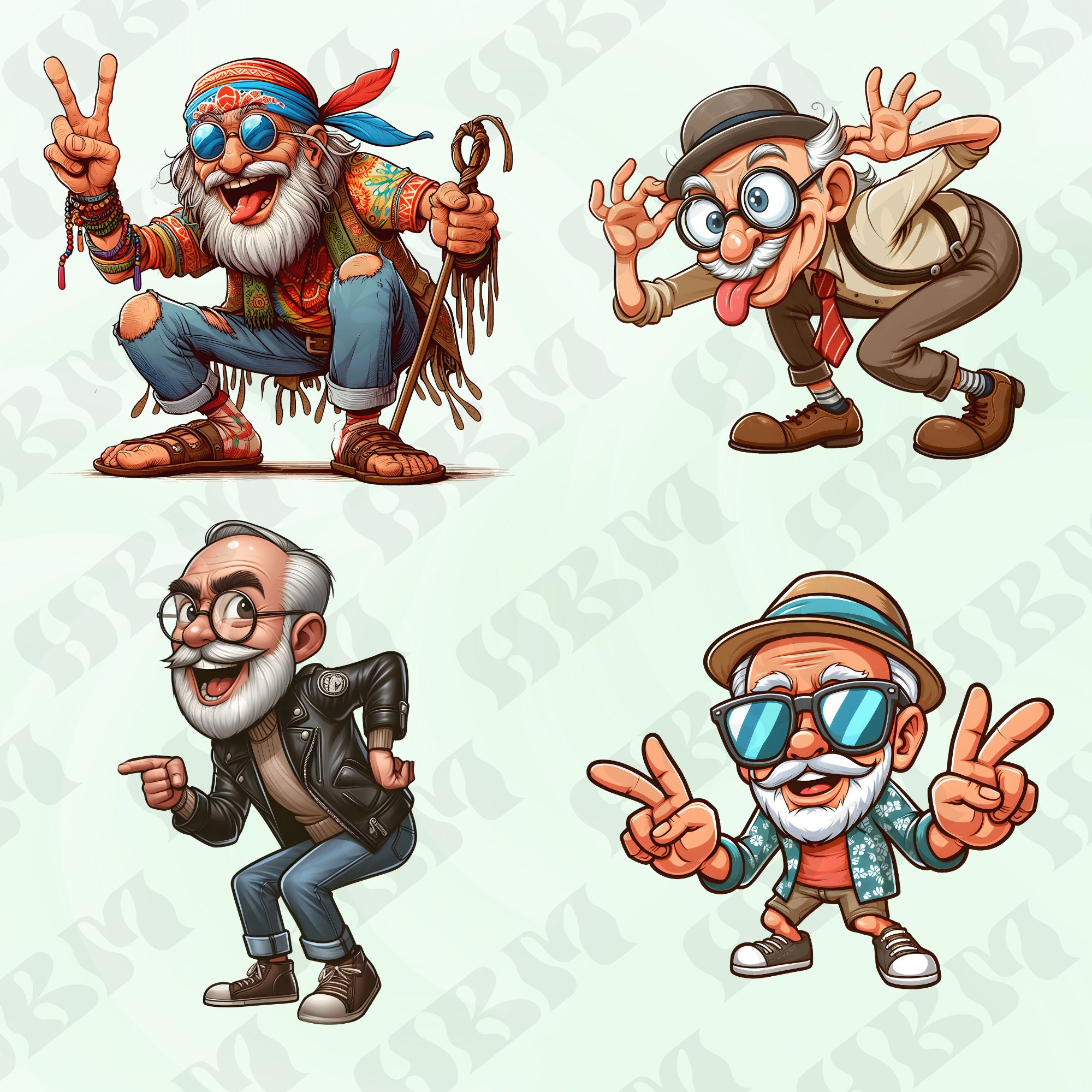 Funny Cartoon Old Men Clipart Bundle, Grandpa Sticker, Drunk ...