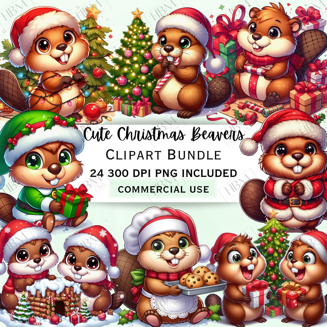 Cute Christmas Beaver Clipart Bundle, Festive Cartoon Baby Animal ...