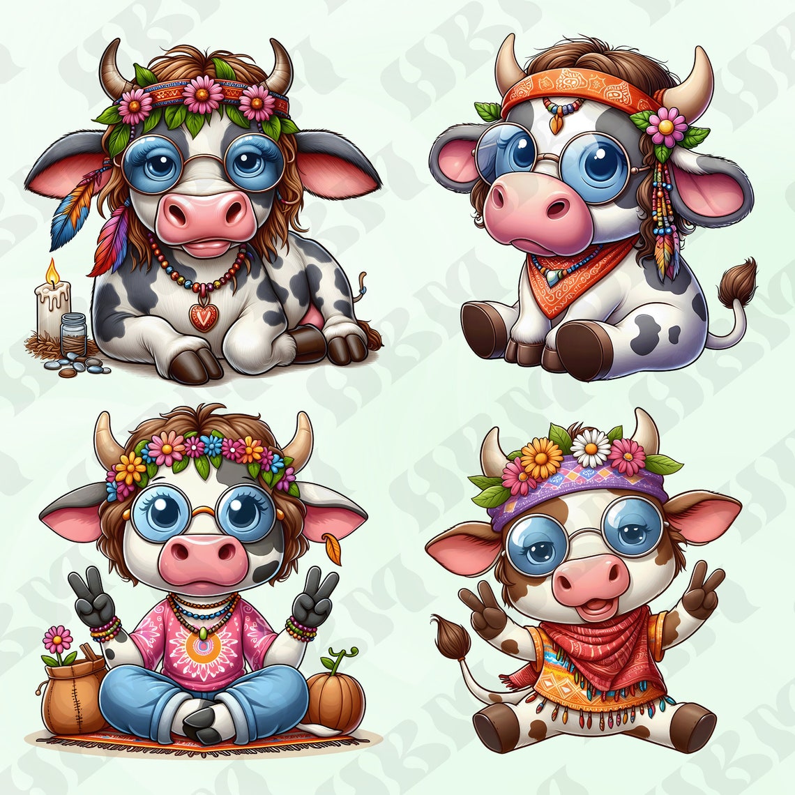 Cute Cartoon Hippie Cows Clipart Bundle, Bull Stickers, Adorable Wall ...