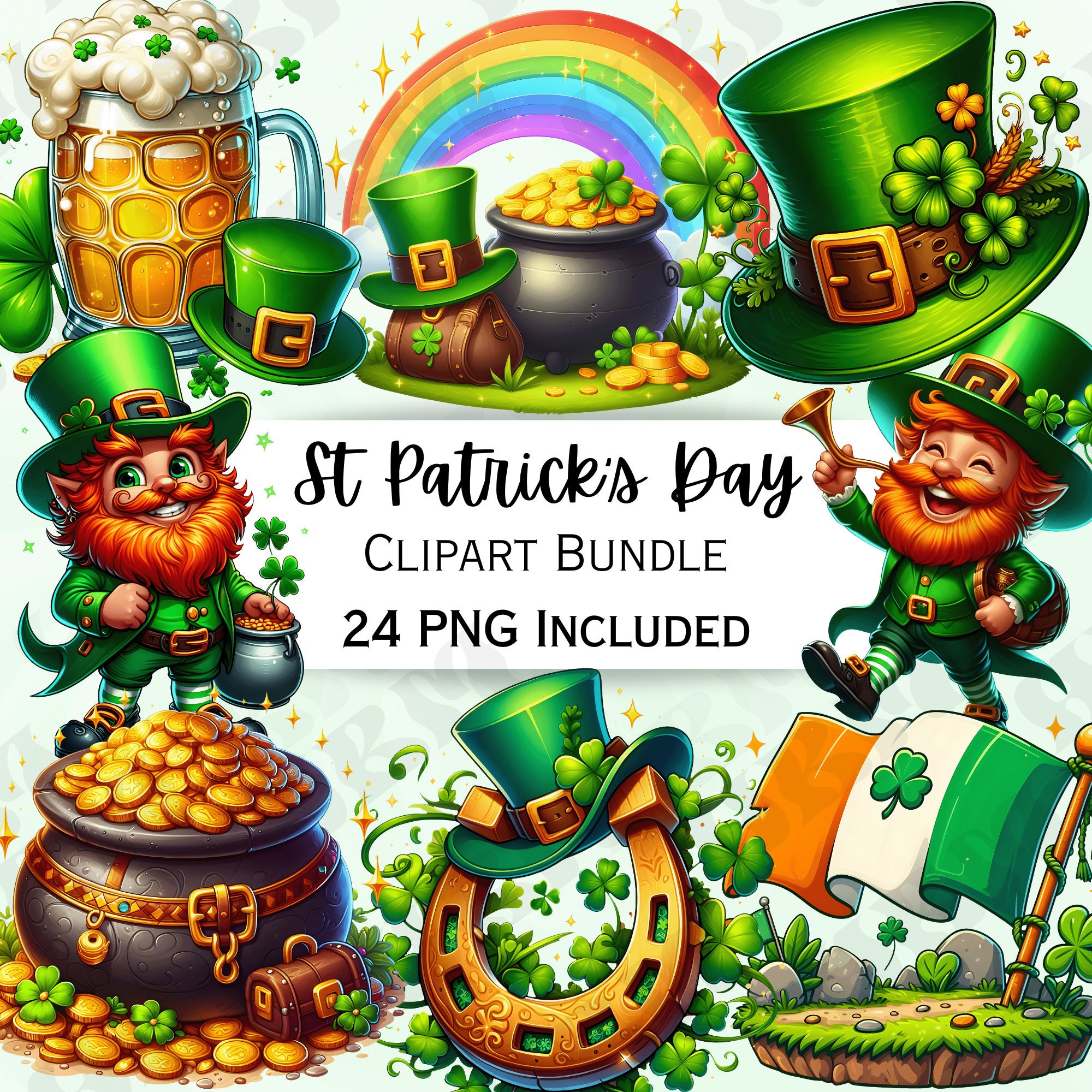 24 St Patrick's Day Cartoon Clipart Bundle, Adorable Four Leaf Clover ...