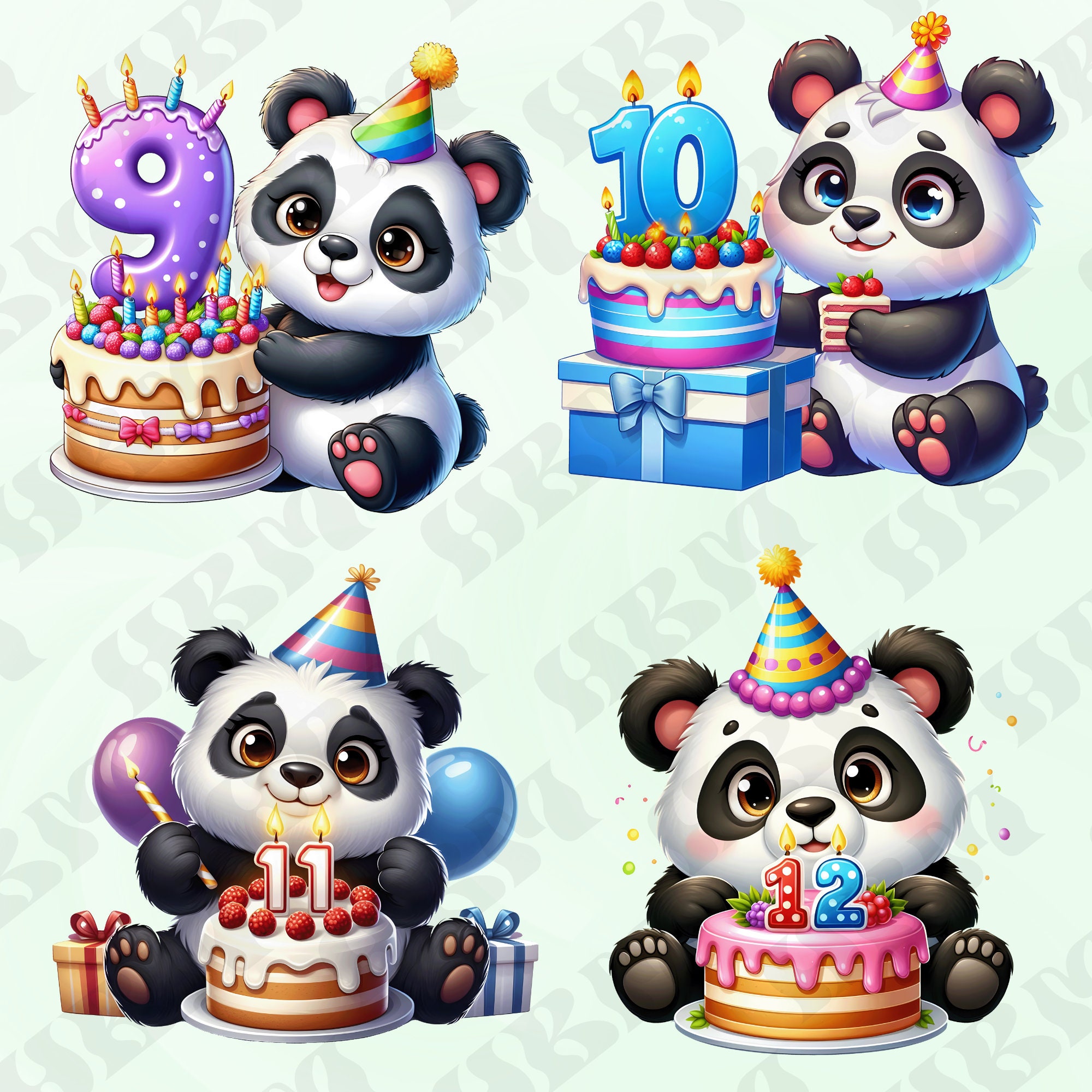 16 Cute Birthday Pandas Clipart Bundle, Cartoon Sticker, Adorable Party ...
