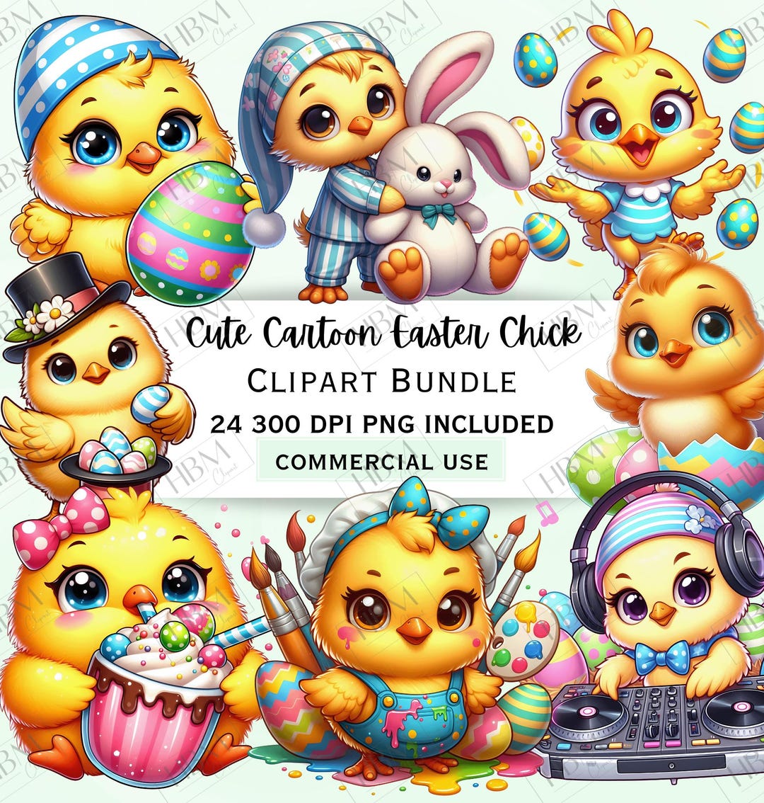 Cute Cartoon Easter Chick Clipart Bundle, Adorable Chicken Graphic ...