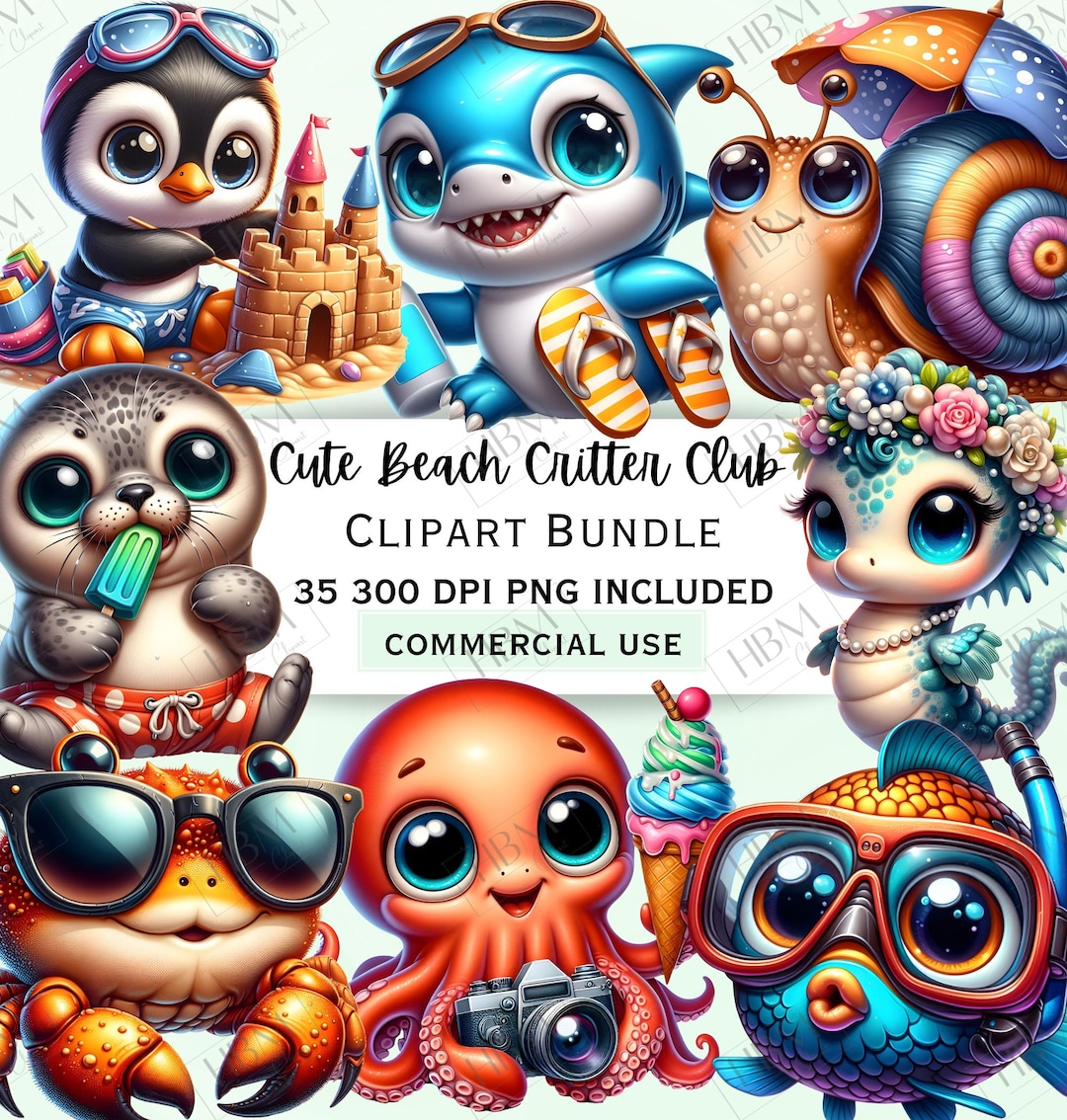 Cute Beach Animal Clipart Bundle, Kawaii Ocean Critters PNG, Whimsical ...