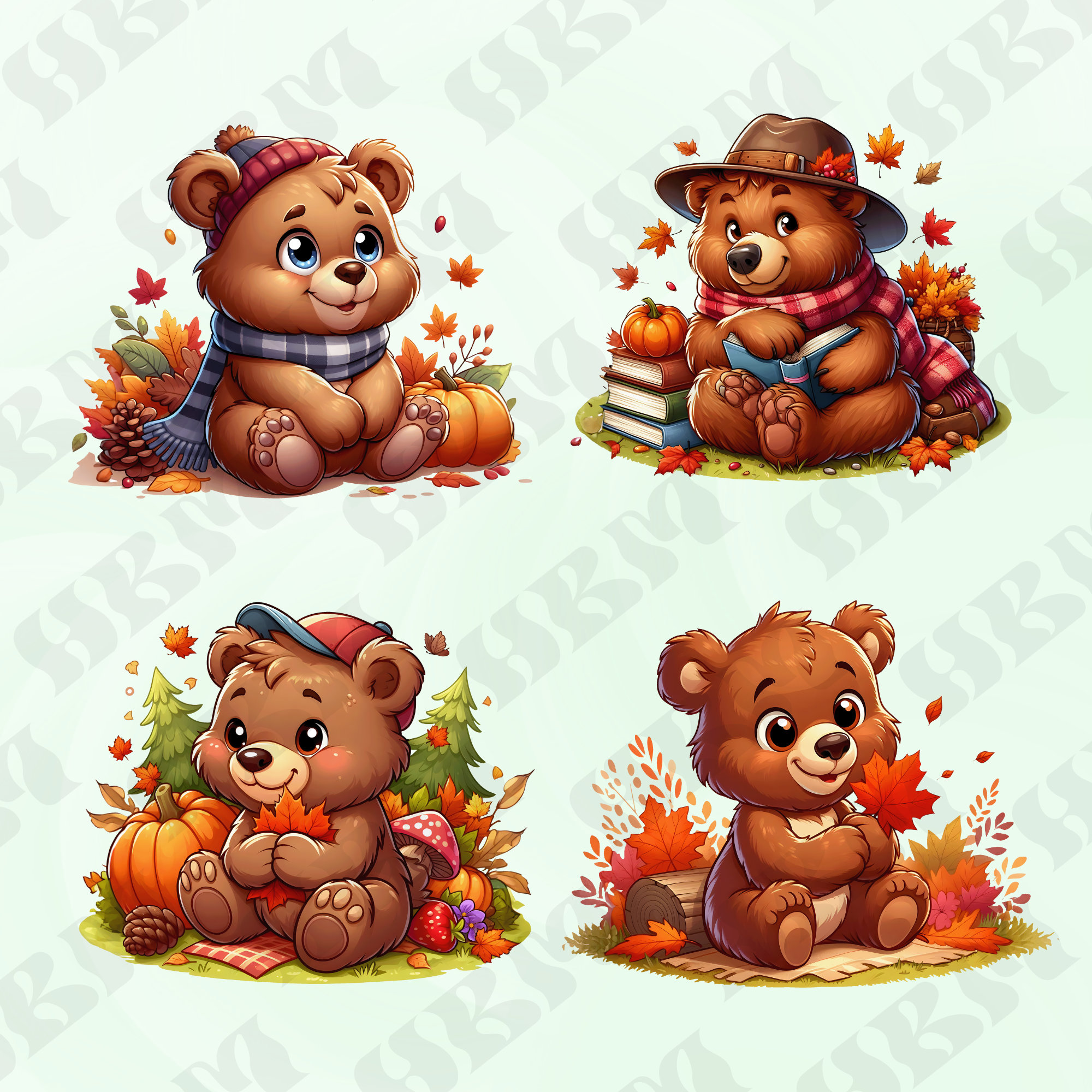 Cute Cartoon Autumn Bears Clipart Bundle, Fall Nursery Decor, Leaves ...