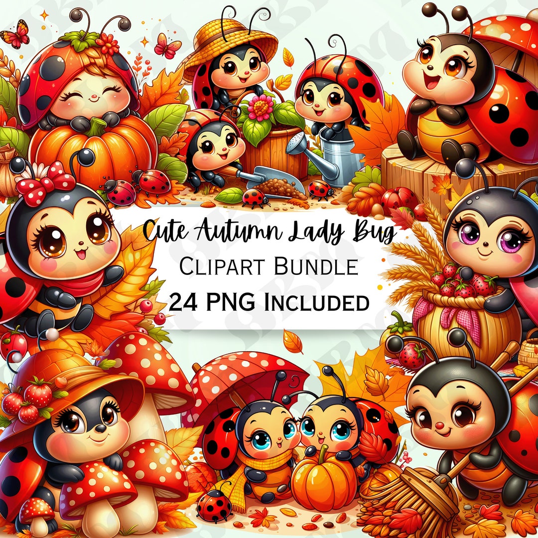 Cute Cartoon Autumn Lady Bug Clipart Bundle, Fall Nursery Decor, Leaves ...