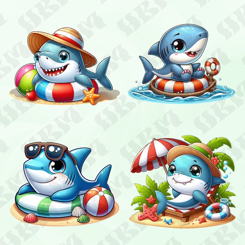 Cute Cartoon Summer Shark Clipart Bundle, Surf Nursery Decor, Beach ...