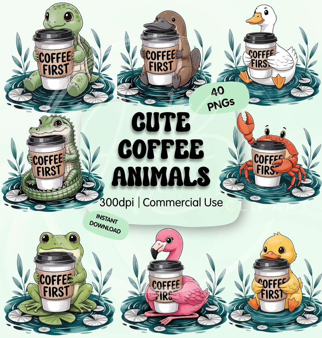 Cute Coffee Animal Clipart Bundle, Adorable Coffee Lover Pngs, Funny ...