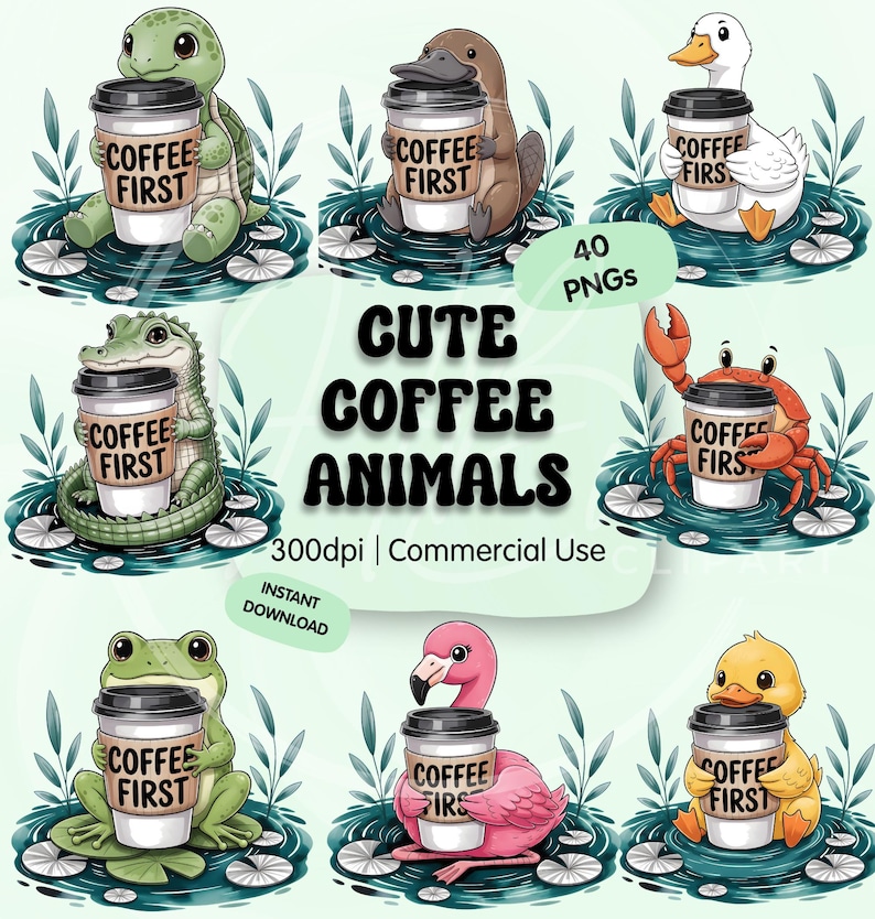 Cute Coffee Animal Clipart Bundle, Adorable Coffee Lover Pngs, Funny ...