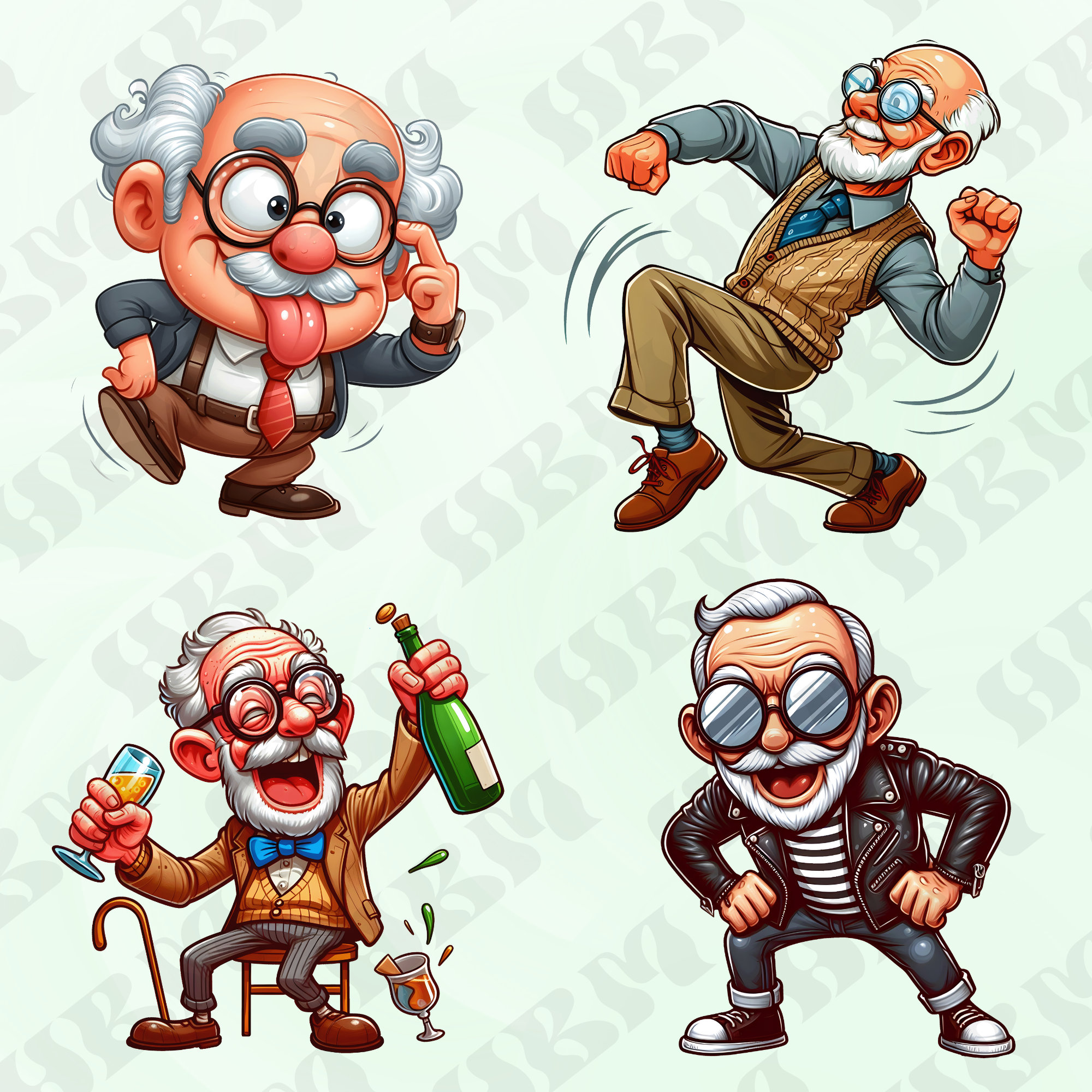 Funny Cartoon Old Men Clipart Bundle, Grandpa Sticker, Drunk ...