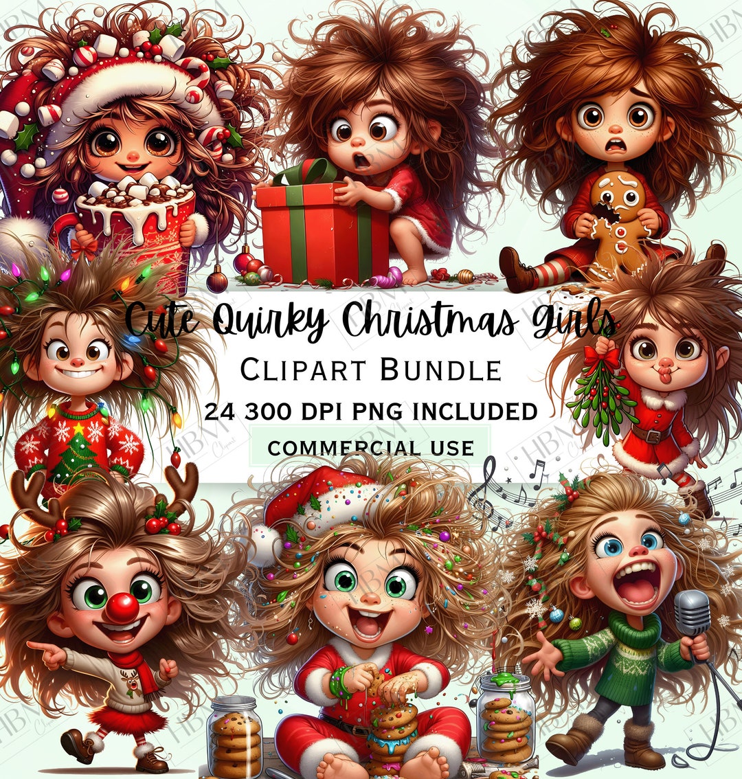 Funny Quirky Christmas Girls Clipart Bundle, Children Cartoon Sticker ...