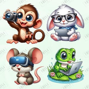 Cute Cartoon Tech Animals Clipart Bundle, Whimsical Gadgets Stickers ...