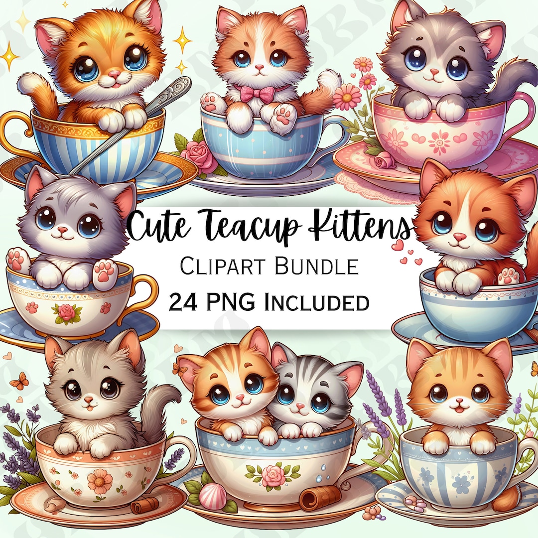 24 Cute Cartoon Teacup Kittens Clipart Bundle, Cats Stickers, Adorable ...