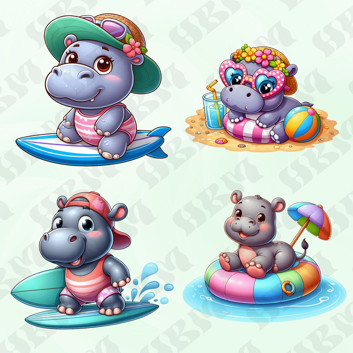 Cute Cartoon Summer Hippo Clipart Bundle, Surf Nursery Decor, Beach ...