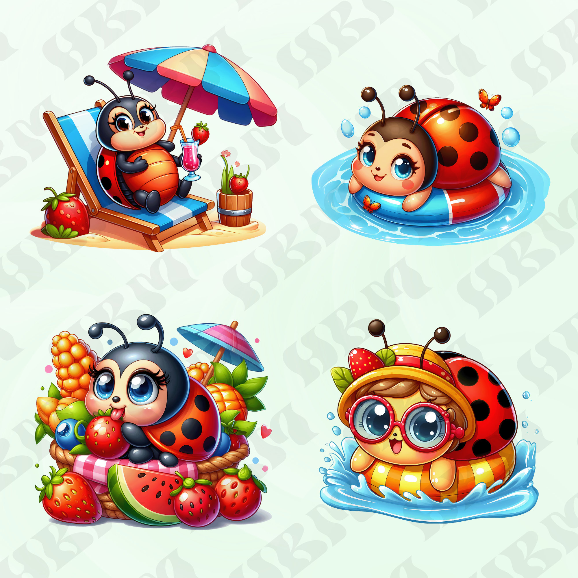 Cute Cartoon Lady Bugs Summer Clipart Bundle, Surf Nursery Decor, Beach ...