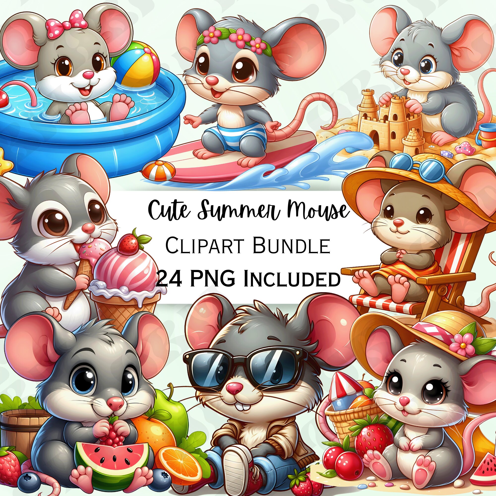Cute Cartoon Summer Mouse Clipart Bundle, Surf Nursery Decor, Beach ...